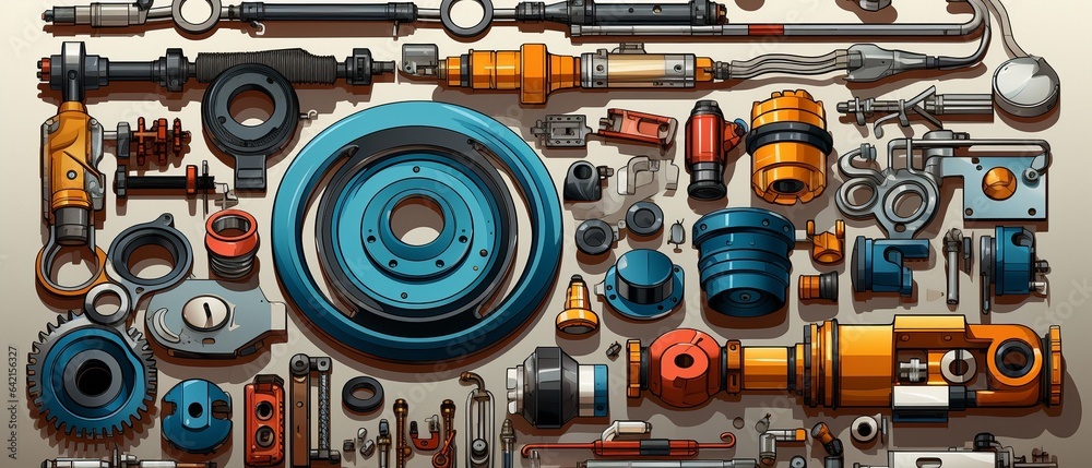 Cartoon vector set of engineering industrial pieces and spare parts for ...