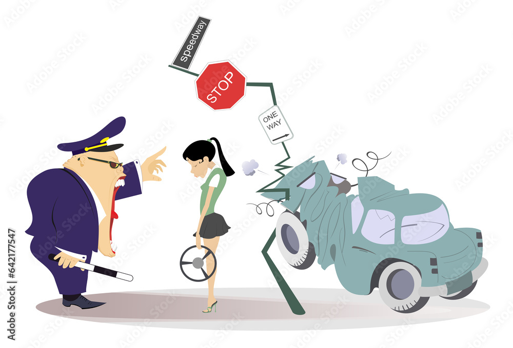 Traffic accident. Traffic police. Car driver woman. Angry traffic cop ...