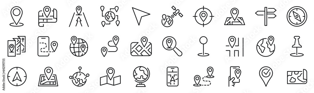 Set of 30 outline icons related to navigation, gps, location, route ...