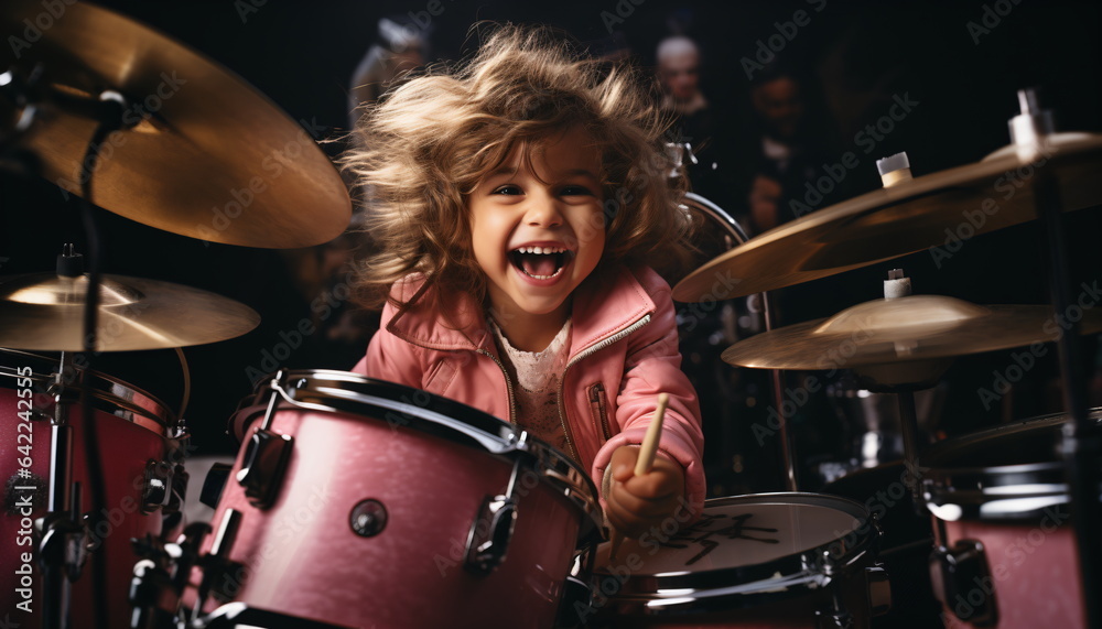 Excited little girl playing in her pink drums Stock Photo | Adobe Stock