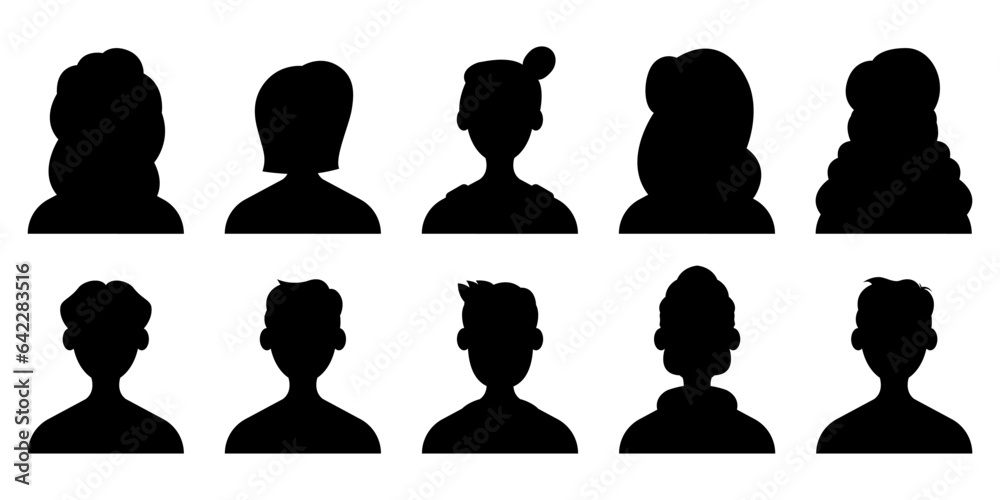 Set of male and female head detailed silhouettes avatar, profile icons ...