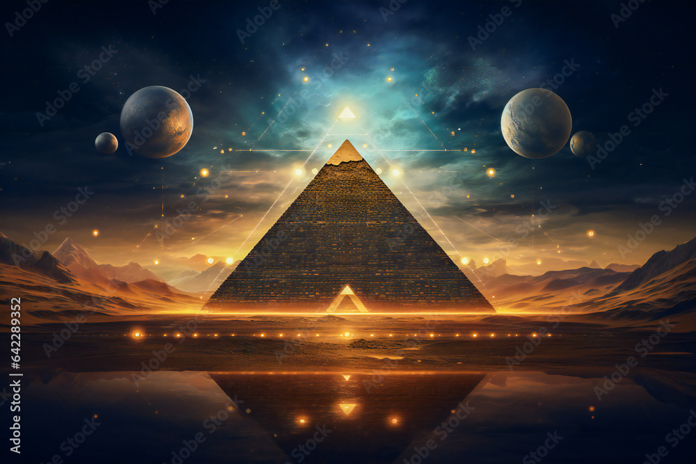 Pyramid surrounded by planets in the night. Esoteric, ancient wisdom ...