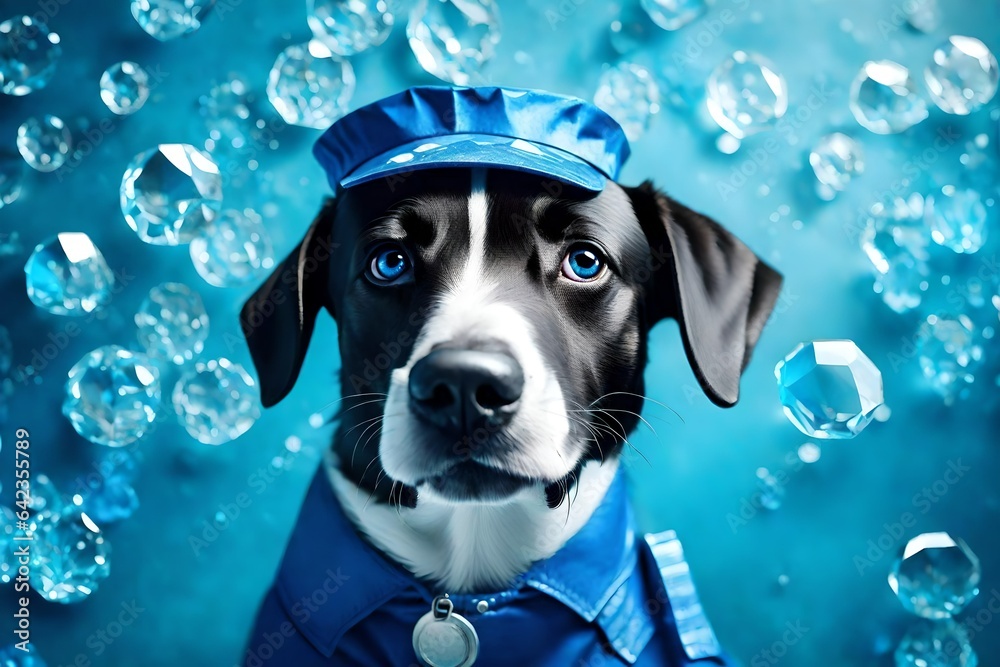 Dog in labor clothes close-up, blue crystal background, labor day theme ...