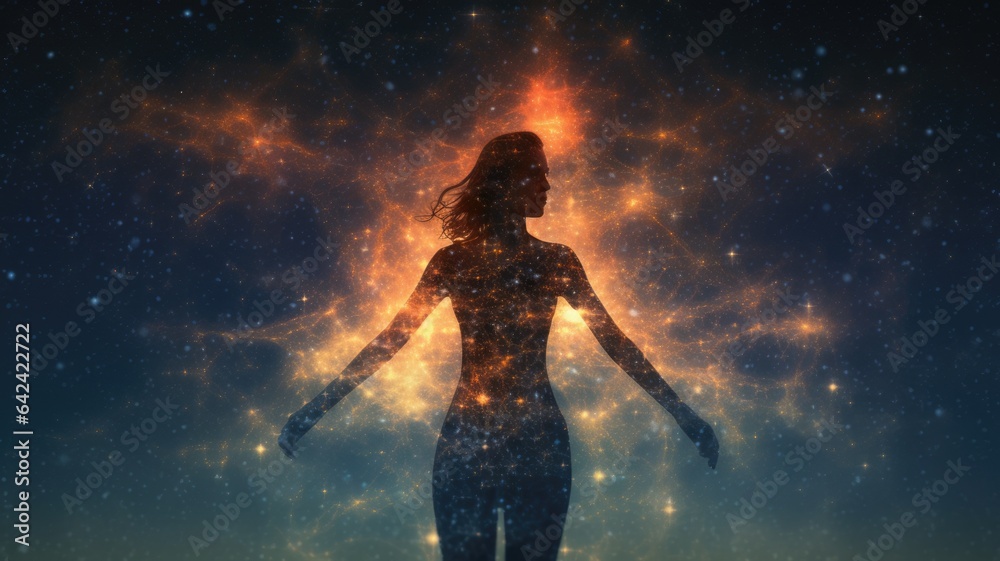 Woman in Yoga Full Body Backlit Pose in the Nebula Galaxy. Generative ...