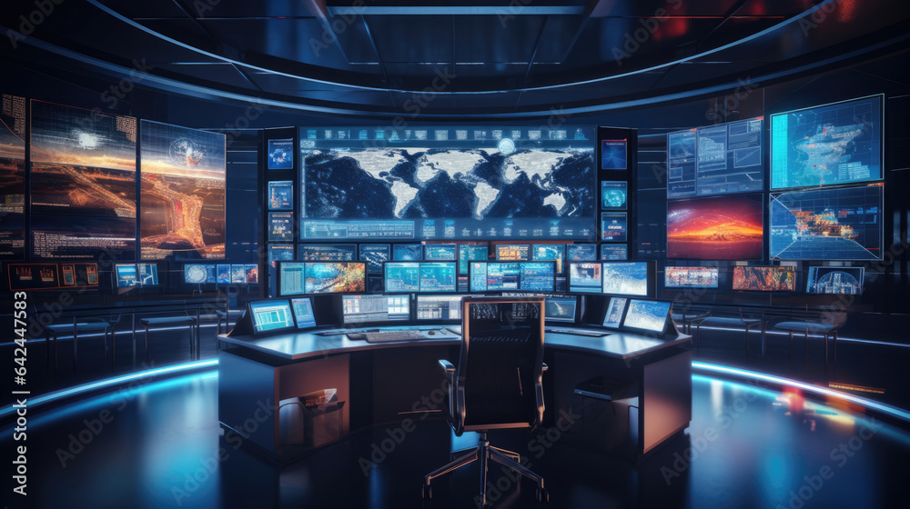 A network operations center (NOC) with monitoring screens displaying real-time data center ...
