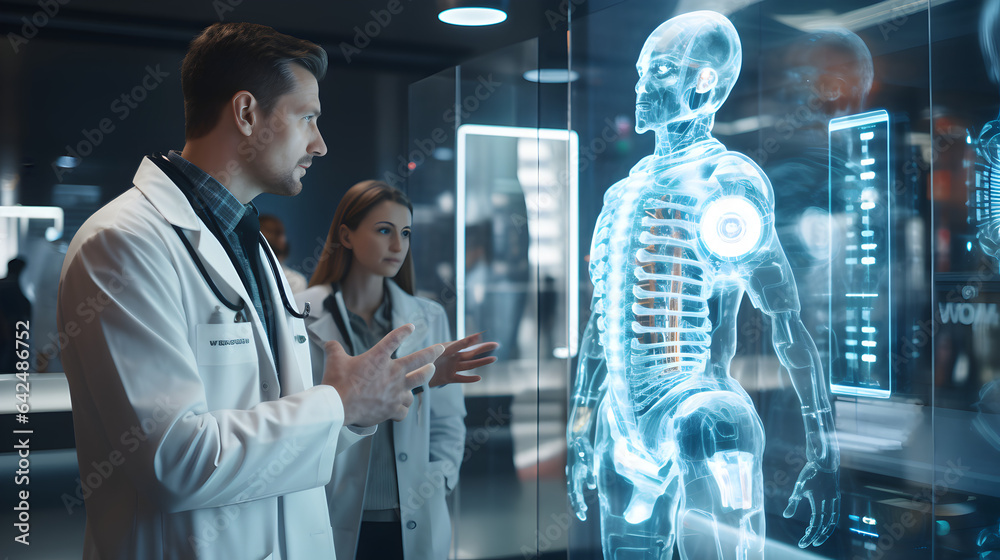 Doctor and robot wit AI working together in a hospital. Revolutionize healthcare with AI-driven ...