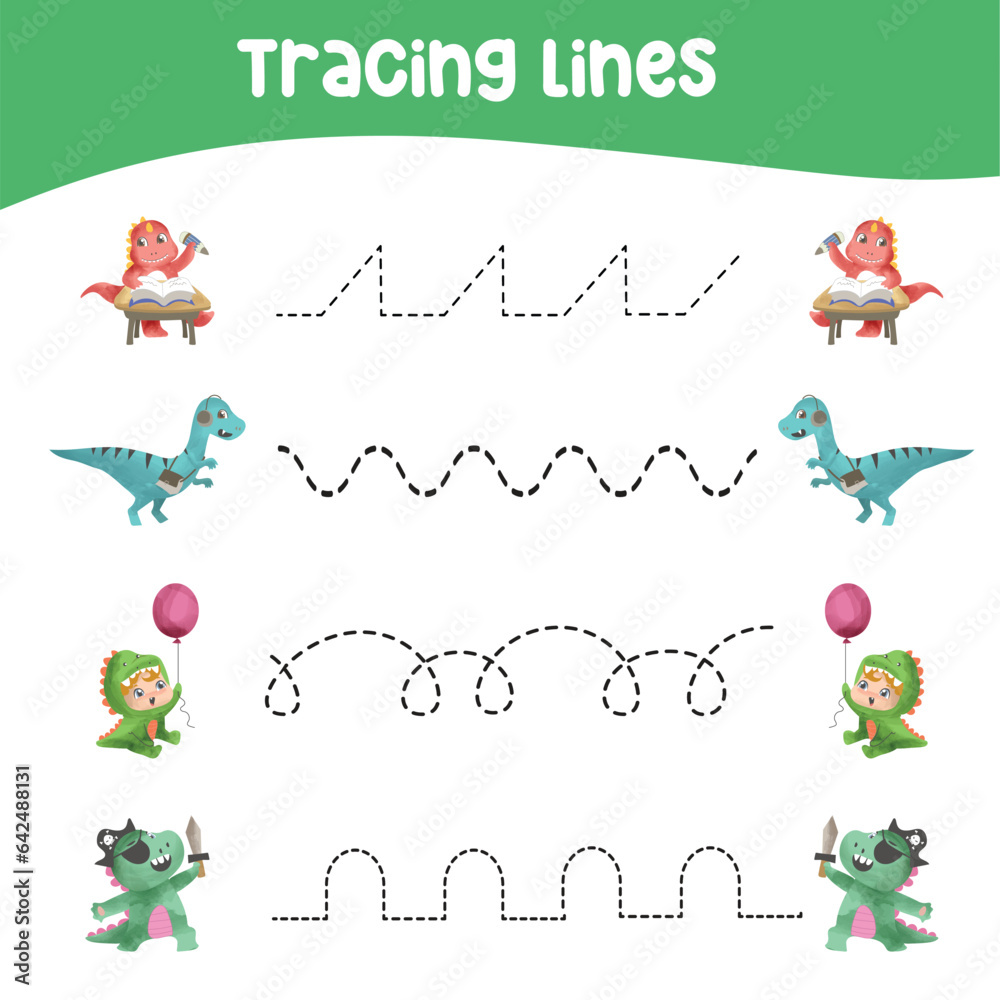 Tracing horizontal lines activity with cute baby dino theme. Tracing ...