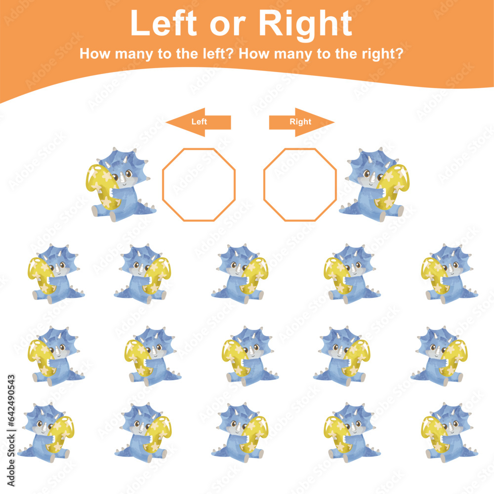 Left or Right math game for preschool. Counting how many cute baby dino ...