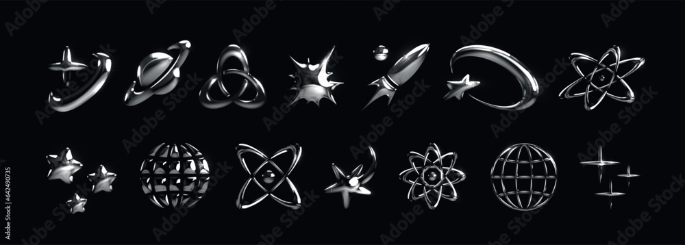 3D chrome elements. Y2K abstract silver space icons. Galaxy and cosmic ...