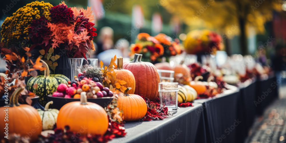 Autumn outdoor long banquet table setting with pumpkins and flowers ...