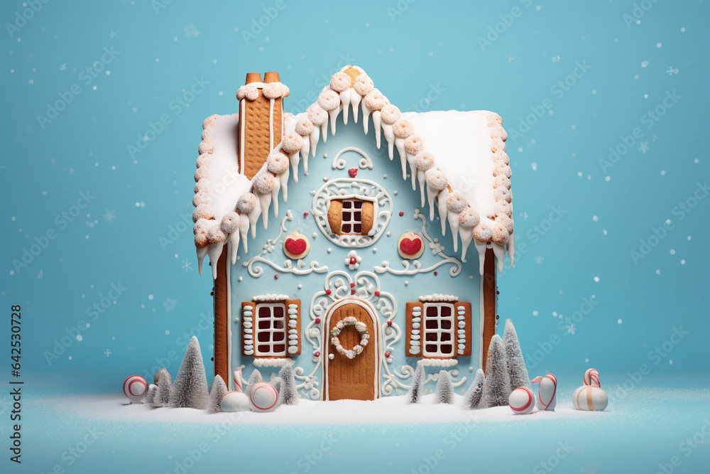 delicious gingerbread house on a pastel blue background for Christmas ...