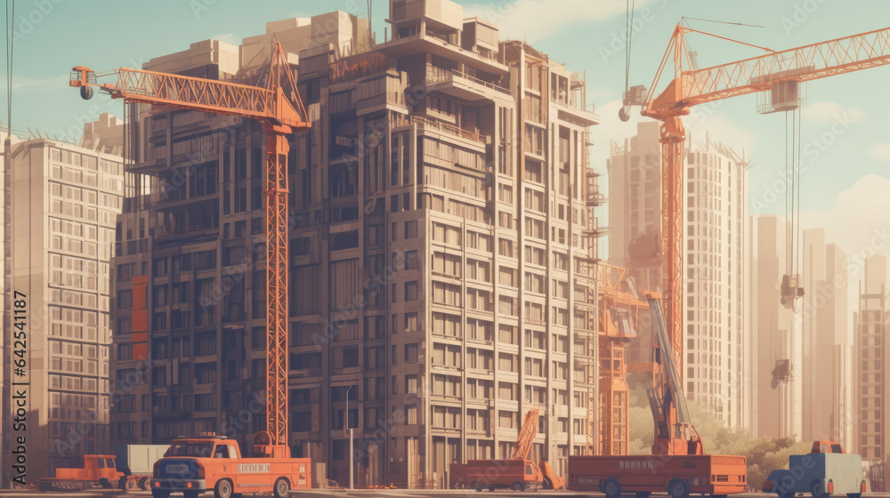 Urban building construction. Stages of big construction skyscraper in ...