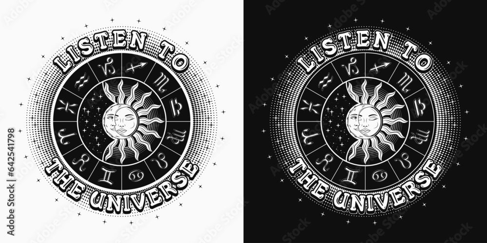 Black and white label with horoscope wheel with zodiac signs, sun ...
