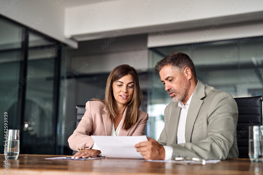Two professional executives discussing financial accounting papers ...