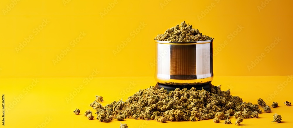 High quality marijuana bud being chopped in a grinder on a yellow ...