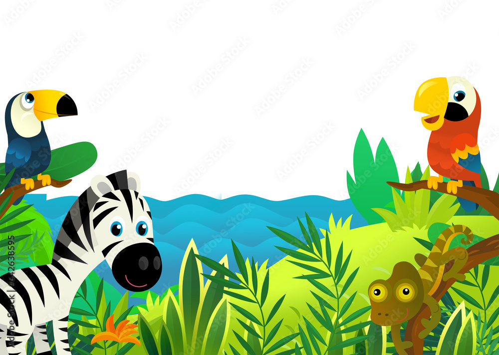 cartoon scene with jungle and animals and parrot bird being together as ...