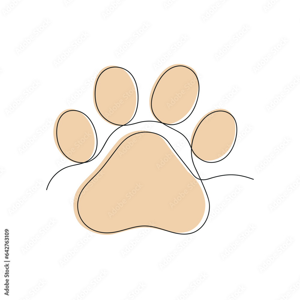 Paw drawn in one continuous line in color. One line drawing, minimalism ...