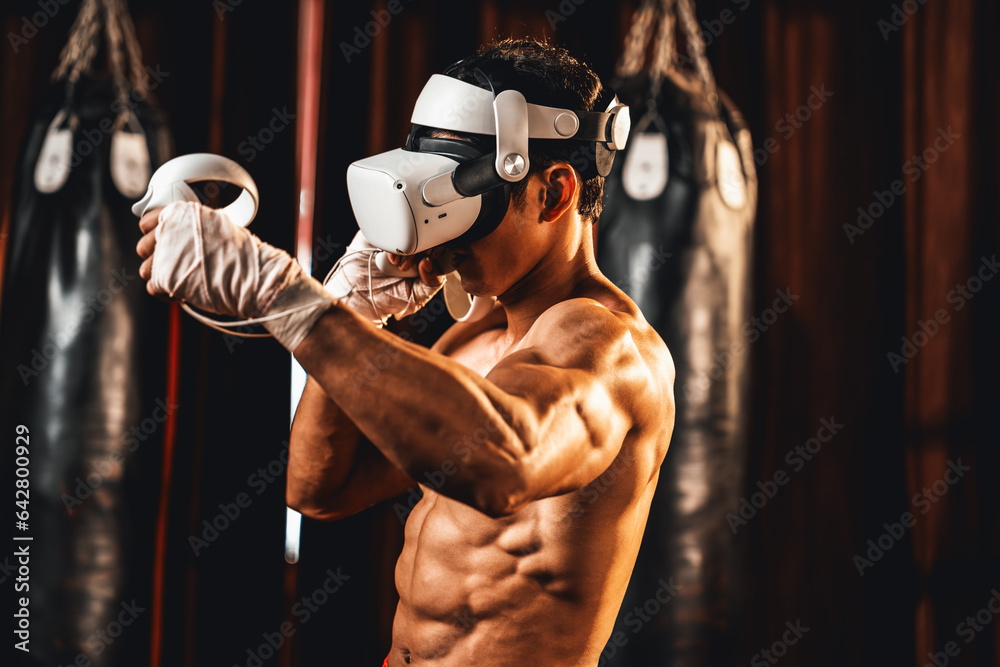 Boxer training utilizing VR technology or virtual reality, wearing VR ...