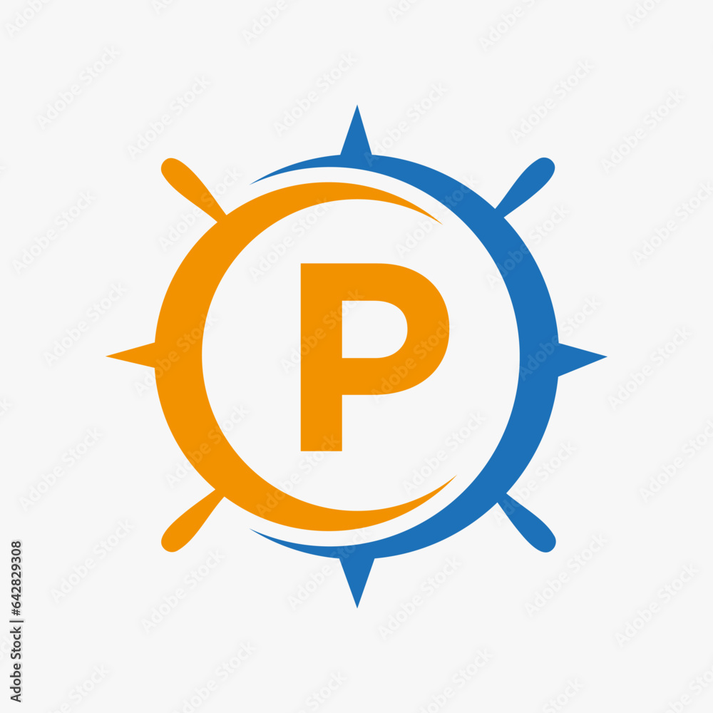 Letter P Ship Logo Concept With Ship Wheel Sign Vector Template Stock ...