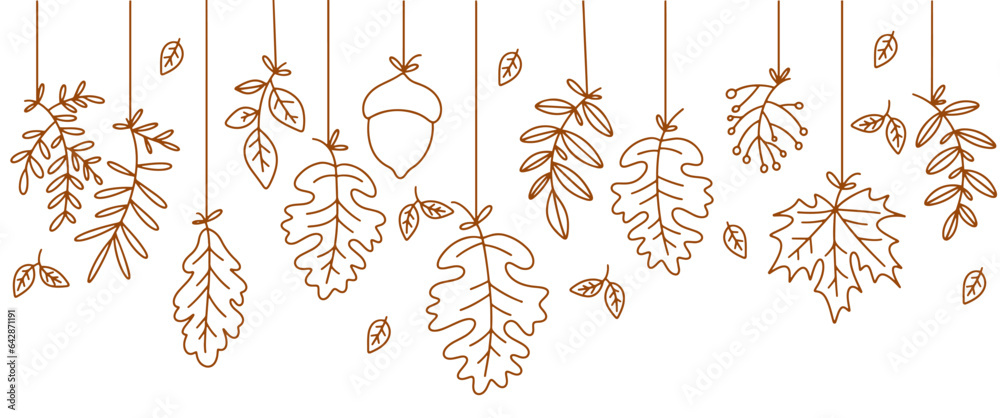 Autumn leaf line art vector illustration, set of autumn leaf elements ...