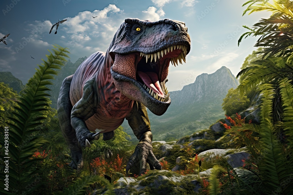 Detailed 3D illustration. Tyrannosaurus, horned lizard of Cretaceous ...