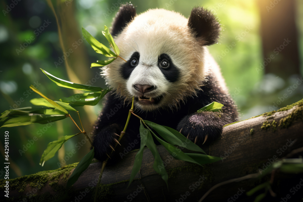 Cute baby panda eating bamboo Stock Photo | Adobe Stock