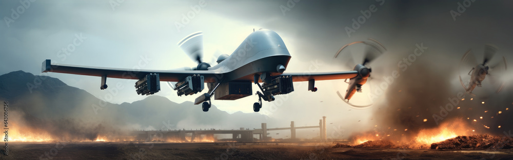 Generic Unmanned aerial vehicle drone launching missiles to military ...
