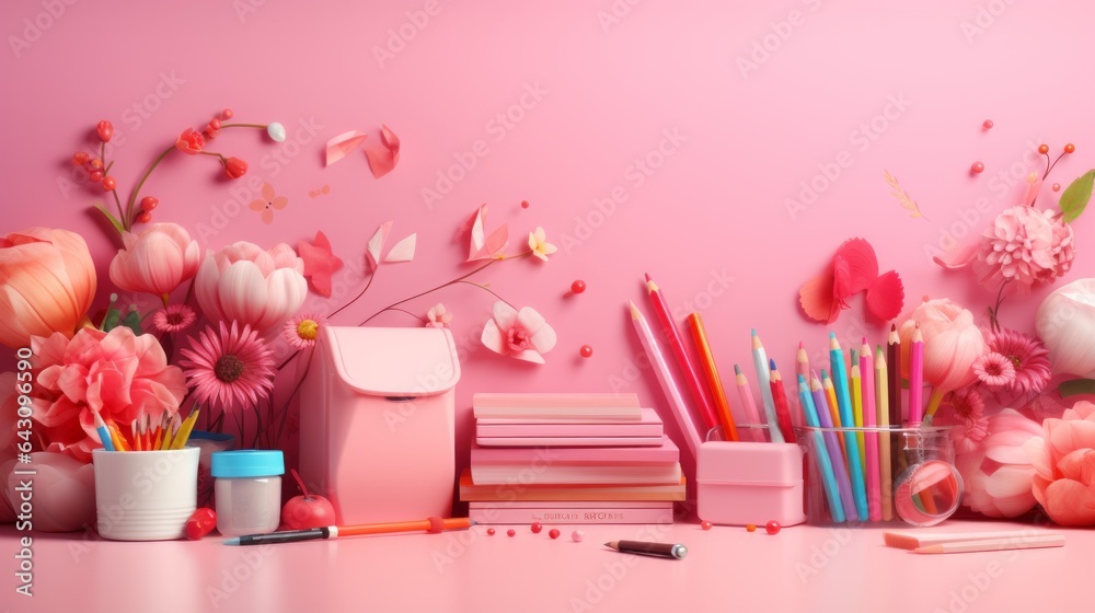 Modern cute digital banner: back to school with school subjects: pencil ...