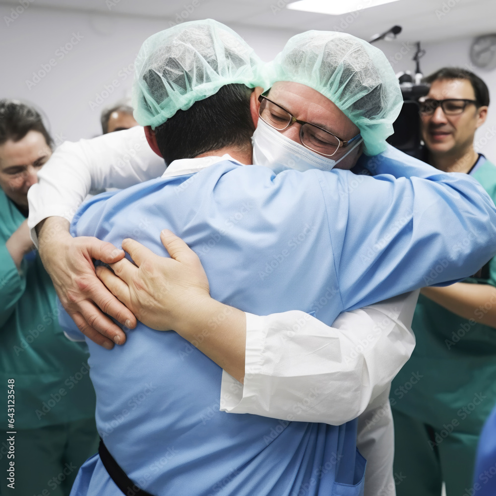 Happy surgeon doctors embrace after a long and difficult operation to ...