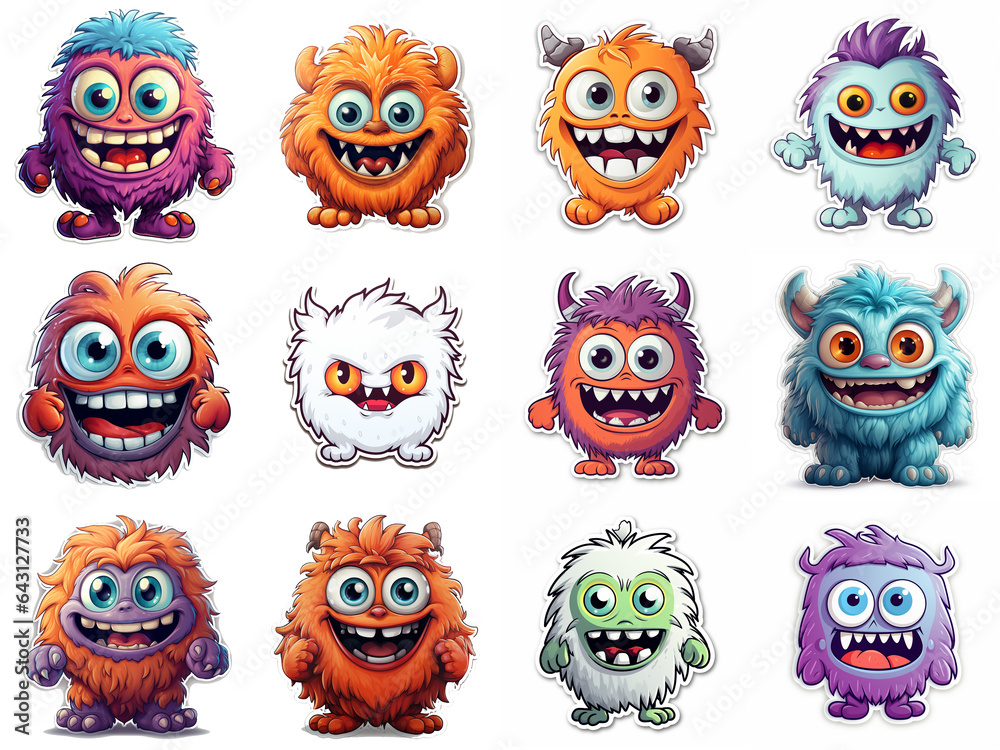 Cute color monsters stickers pack, many cartoon characters furry fluffy ...