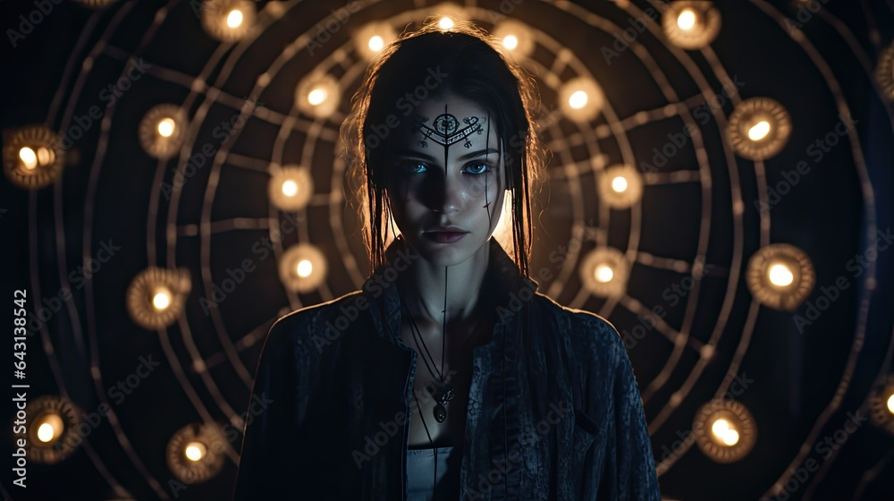 Model with unsettling possessed eyes, standing amidst a circle of ...