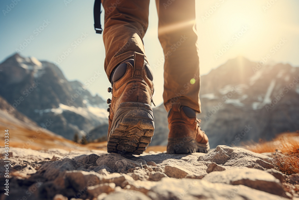 Feet in boots, walking hiking in mountains and mountaineering ...