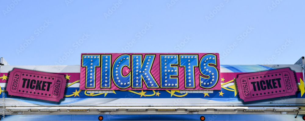 Amusement park carnival ride entrance ticket booth sign Stock Photo ...