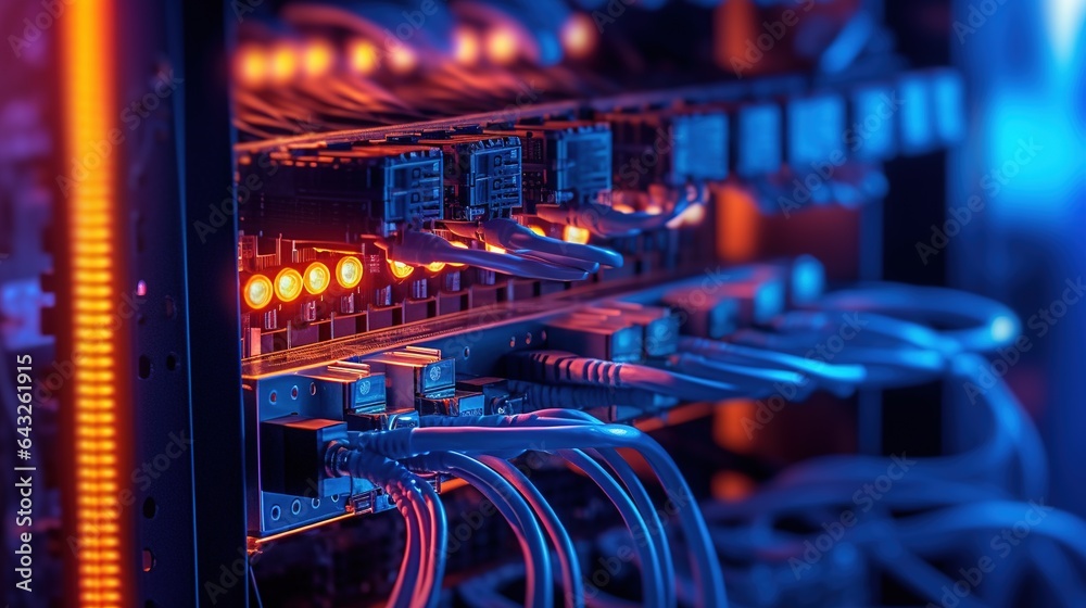 Network cables plugged in network switch. Technology data center ...