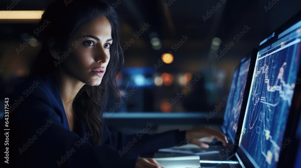 Close up Portrait of a woman in a high-speed rail command center ...