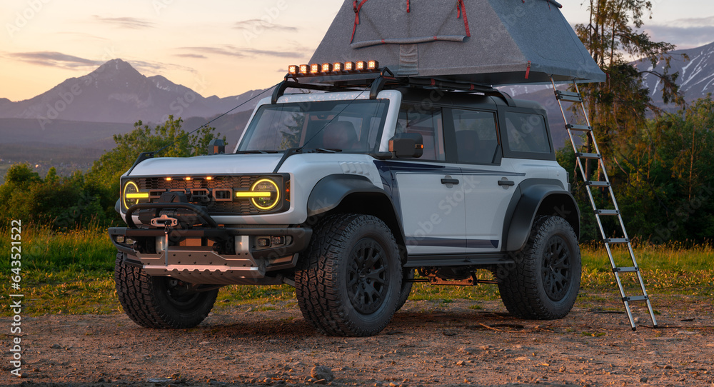 Ford Bronco Raptor in wild terrain, equipped with expedition gear and a ...