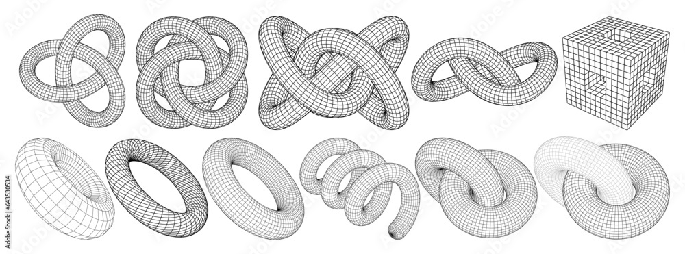 Collection of wireframe lowpoly 3d geometric shapes, torus knots ...