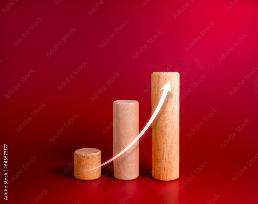 Rise up increase arrow on wooden sticks as chart steps isolated on red ...