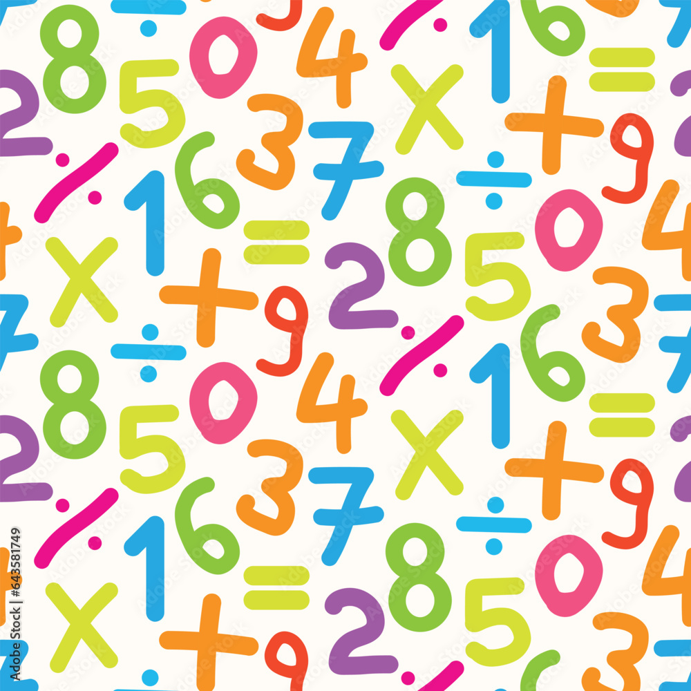 Colorful Hand Drawn Numbers with math symbols seamless pattern on white ...