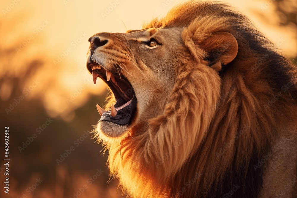 Roaring lion close-up, side view, portrait of a lion evening backlit ...