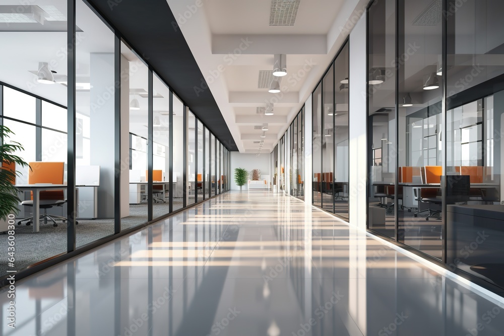 Modern office with a beautiful long office corridor and defocused room ...