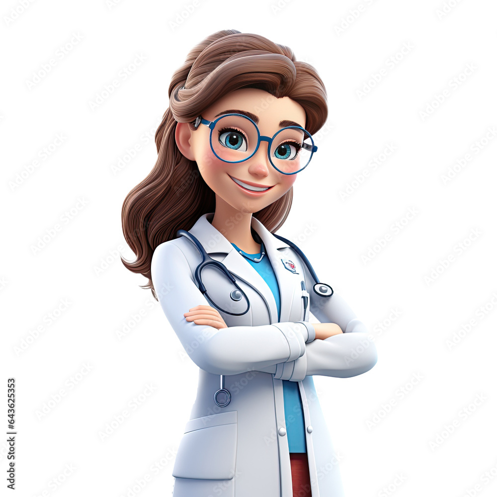 3D Happy cartoon female doctor. Cartoon doctor on transparent ...
