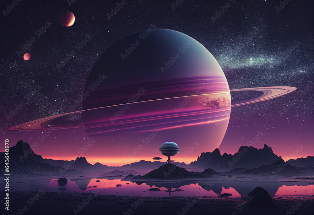 Saturn in sky at night background asset game 2D futuristic generative ...