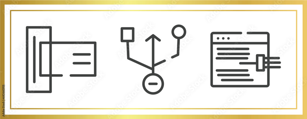 cyber crimes outline icons set. linear icons sheet included card reader, universal serial usb ...