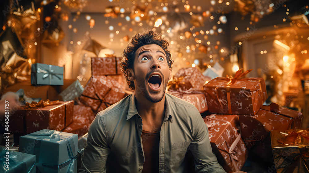 Man with a surprised expression surrounded by Christmas presents ...
