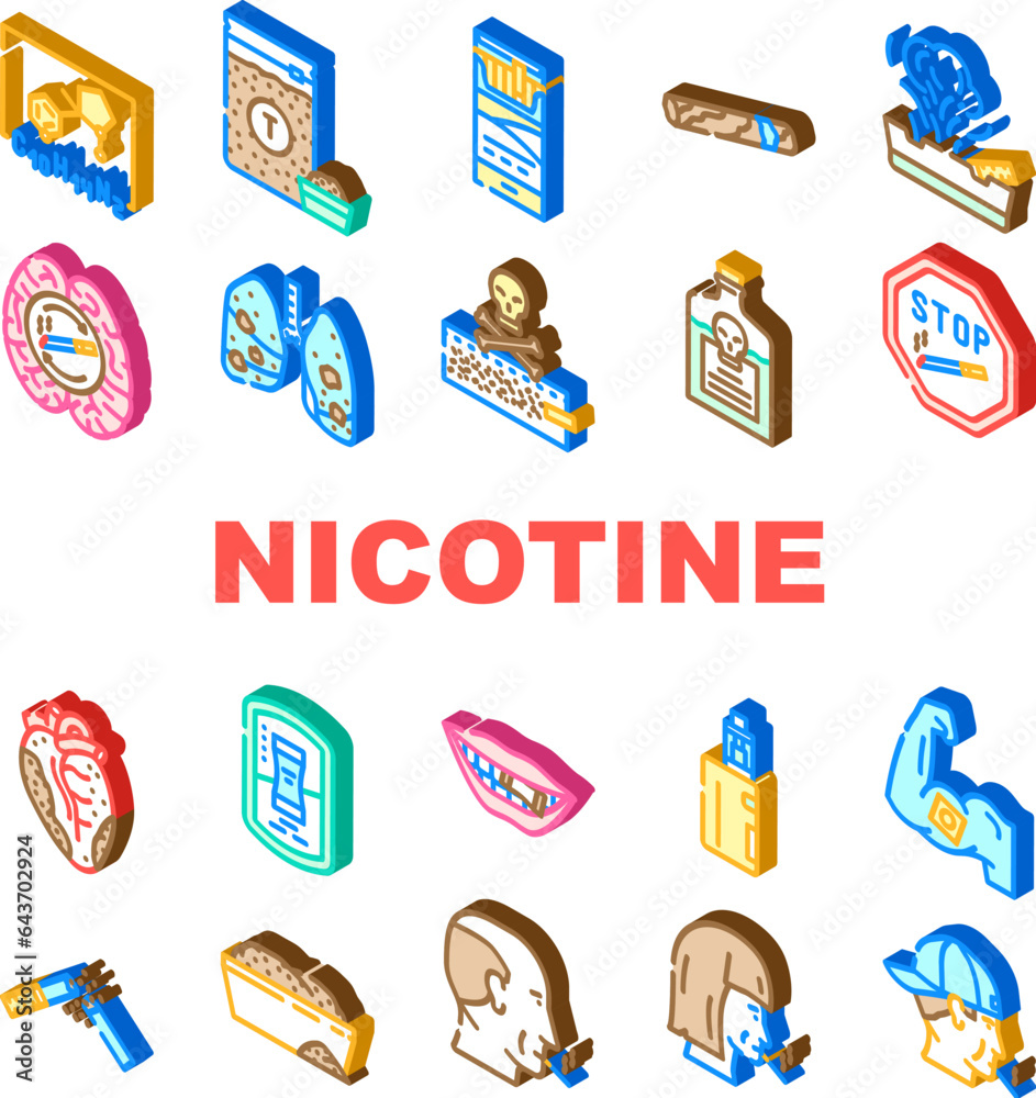 nicotine tobacco unhealthy icons set vector. health product, danger ...