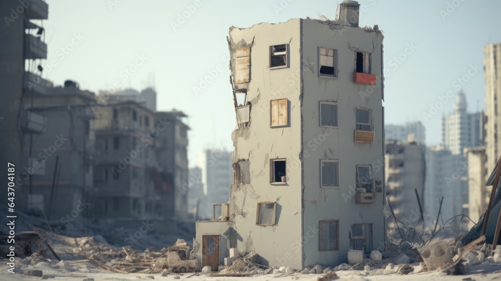 Apartment building in ruins, war torn cityscape, broken and destroyed ...