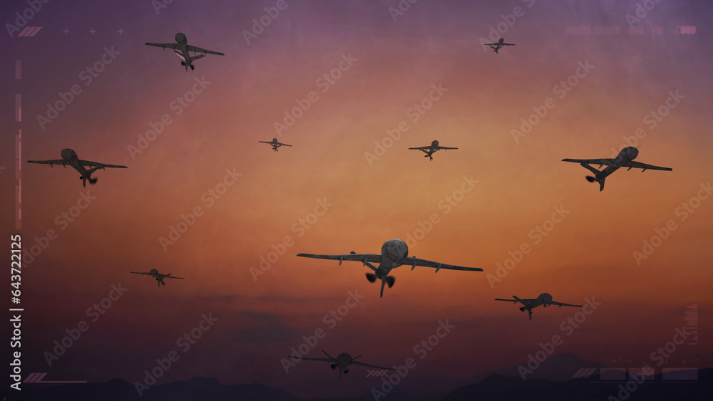 UAV drone swarm, attack from red sky concept. Remote control aircrafts ...