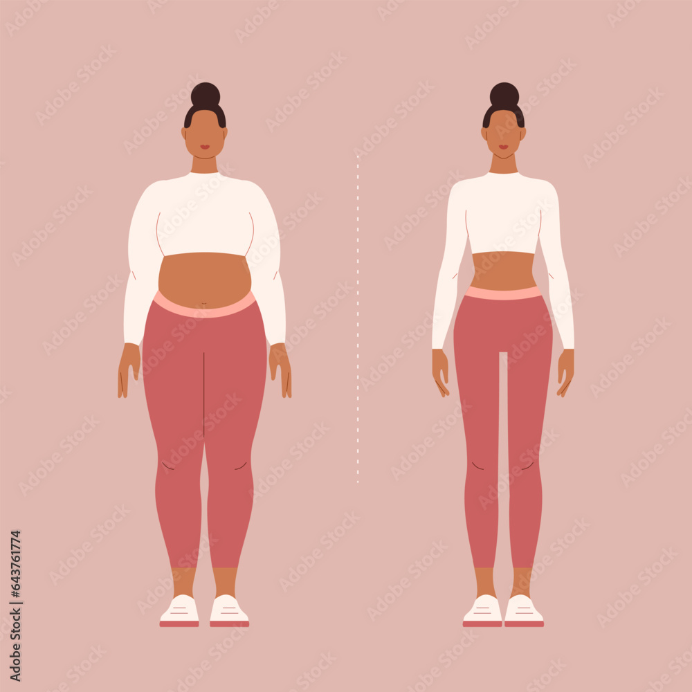 A chubby and slim young woman. Vector illustration before and after ...