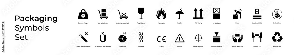 Packaging Symbols Set. Contents Weight, Use Pallet Truck, Do Not Use ...
